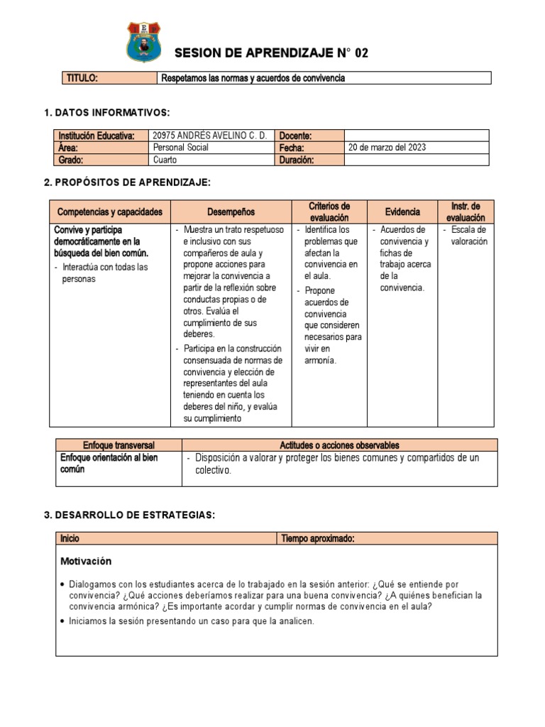 Sesion de Aprendizaje N 2 Cuarto | PDF | Evaluación | Salón de clases