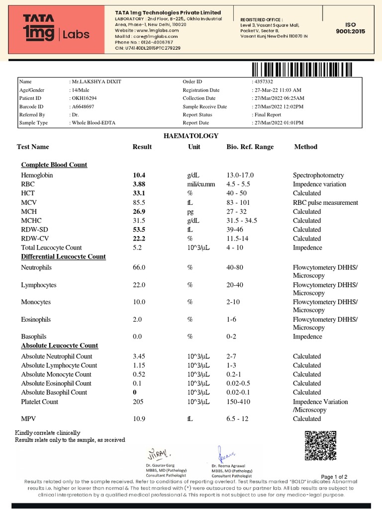 Haematology Test Name Result Unit Bio. Ref. Range Method | PDF | White ...
