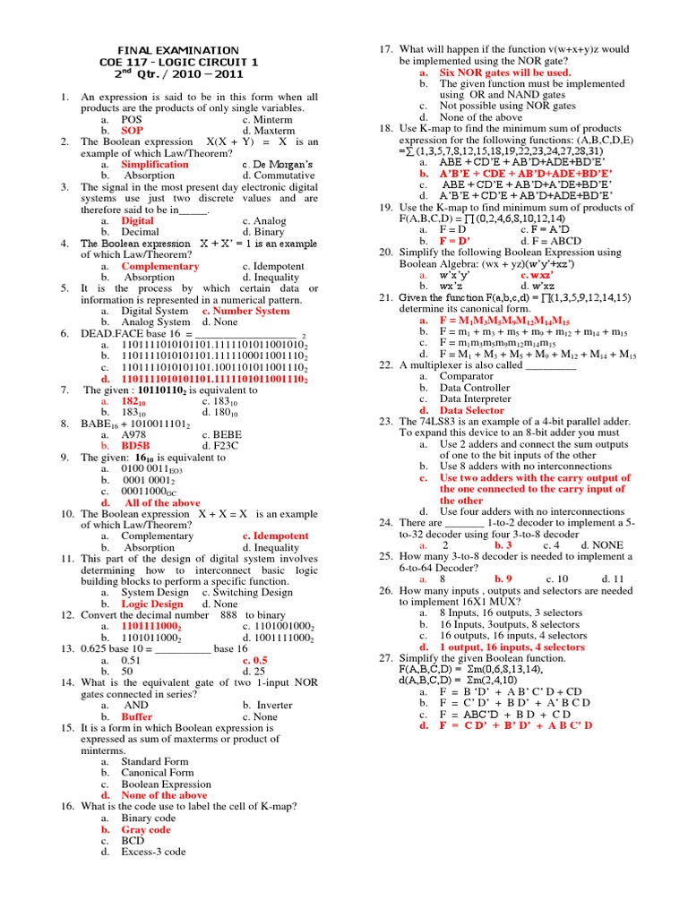 Logic Circuits Final Exam Q2 2010 2011 Problems And Answer Key Download Free Pdf Logic 