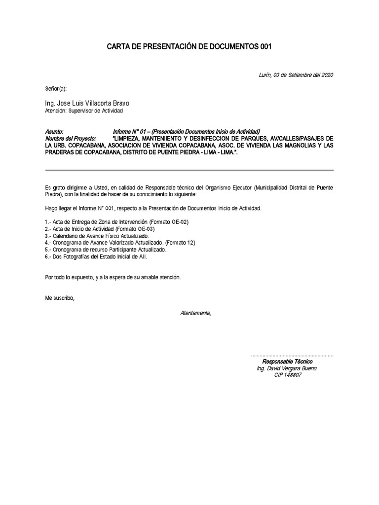 Carta Presentacion de Documentos #001 Ficha 791 | PDF