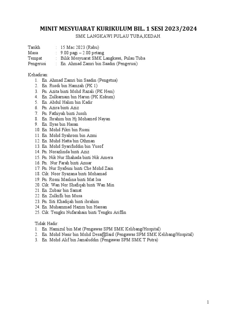 Minit Mesyuarat Kurikulum Smkl Kali 1_2023 | PDF