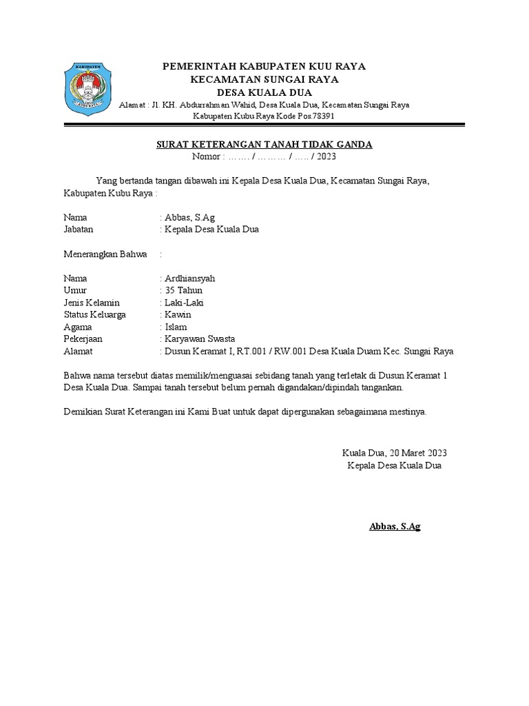 Surat Keterangan Tanah Tidak Ganda Pdf