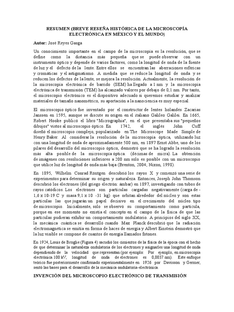 Resumen (Breve Reseña Histórica de La Microscopía Electrónica en México ...