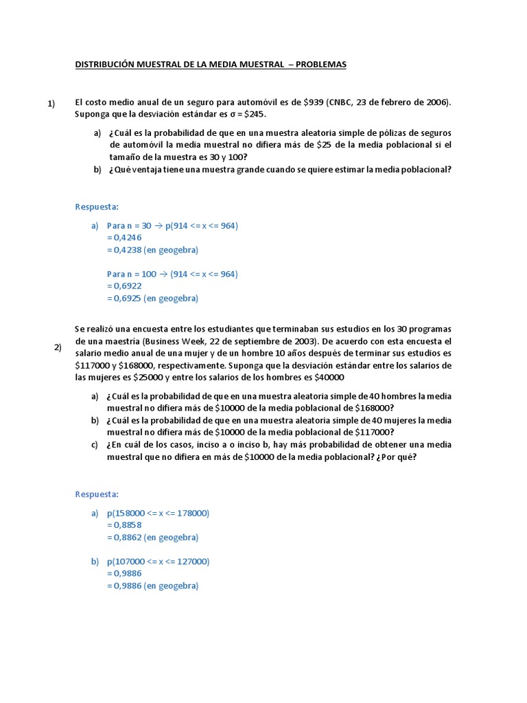 Distribución de La Media Muestral (X) - Problemas | PDF