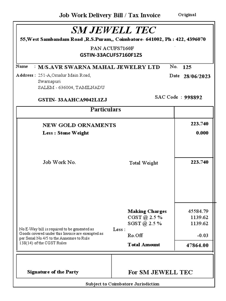 SM Jewell Tec: Job Work Delivery Bill / Tax Invoice | PDF