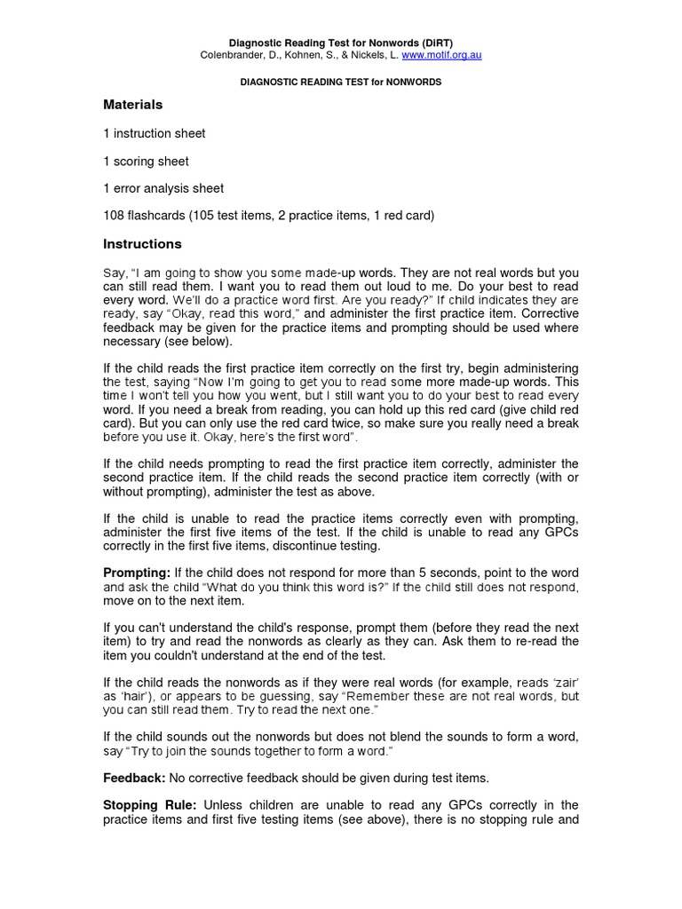 Nonword Diagnostic Reading Test Guide | PDF | Linguistics | Human ...