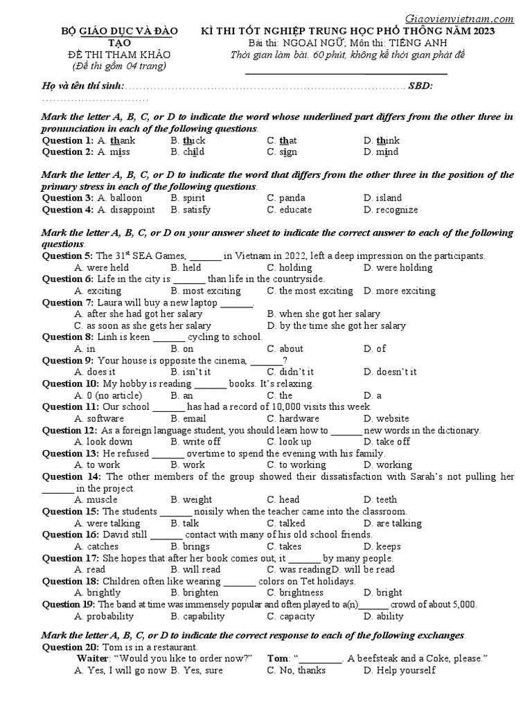 De Minh Hoa Thi Tot Nghiep Mon Tieng Anh 2023 Co Dap An | PDF ...