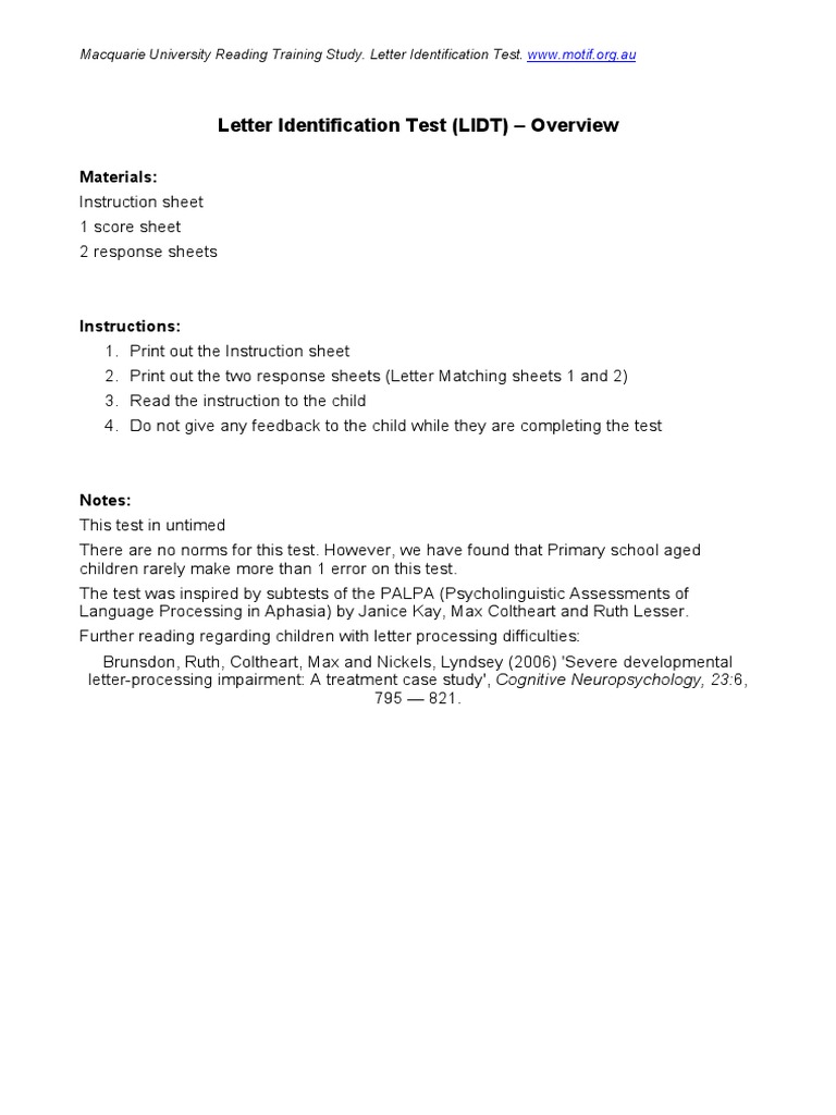 Letter Identification Test (Letter ID) | Download Free PDF | Mental ...