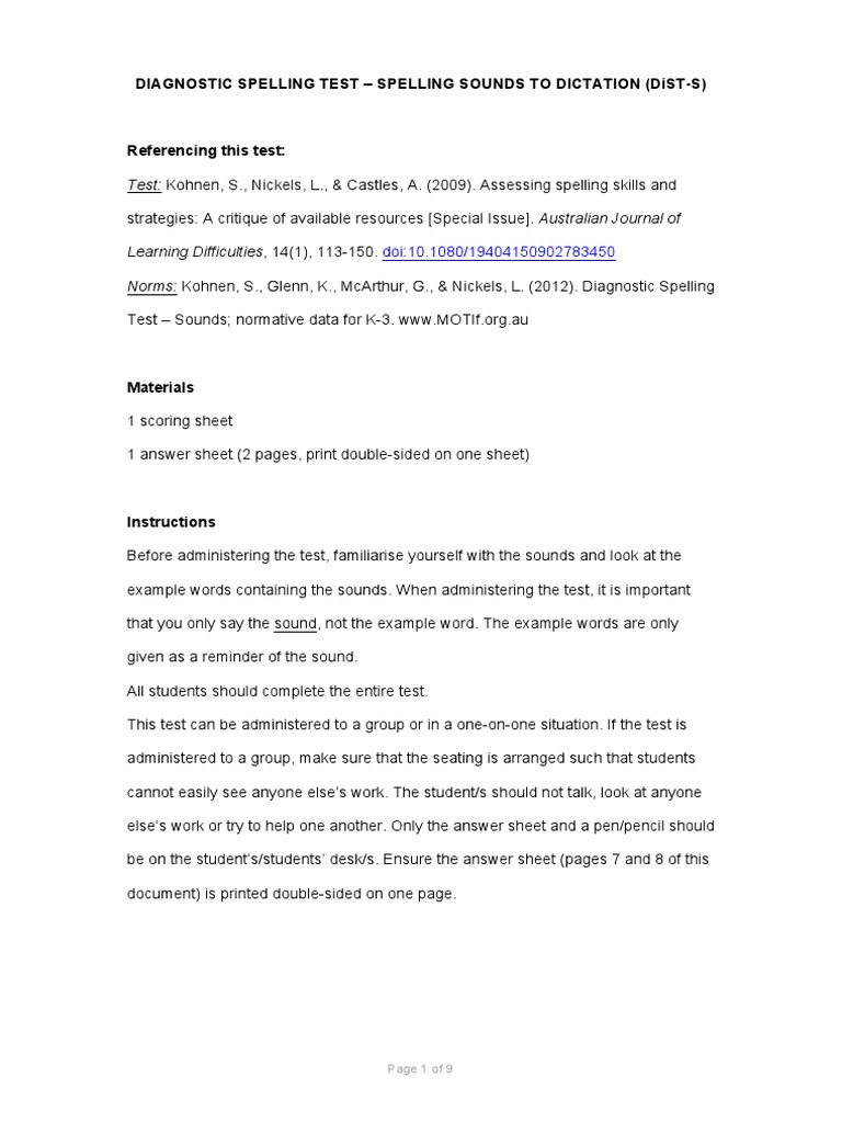 The Diagnostic Spelling Test - Sounds (DiSTs) | Download Free PDF ...