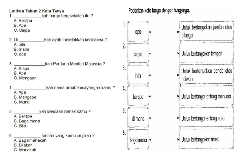 Latihan 1 Kata Tanya Tahun 2 | PDF