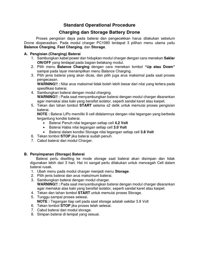 Standard Operational Procedure Charging Battery Drone | PDF