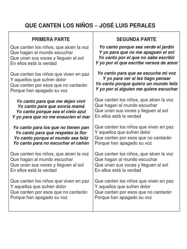 Letra de "Que Canten los Niños" | PDF
