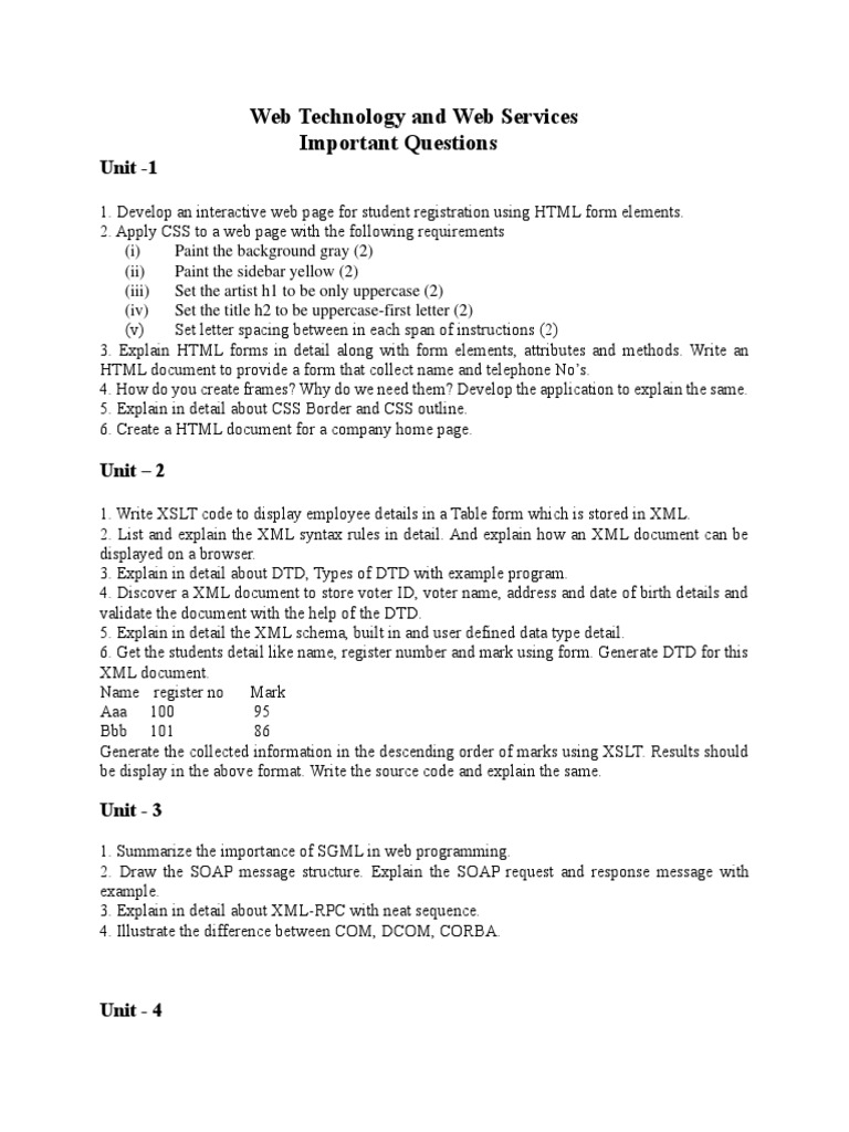 Wtws Important Questions | PDF | Xml | Html