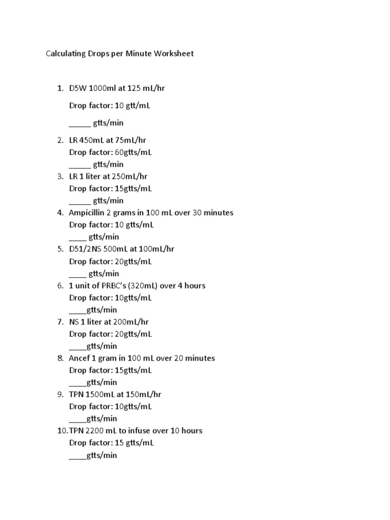 Calculating Drops Per Minute Worksheet | PDF
