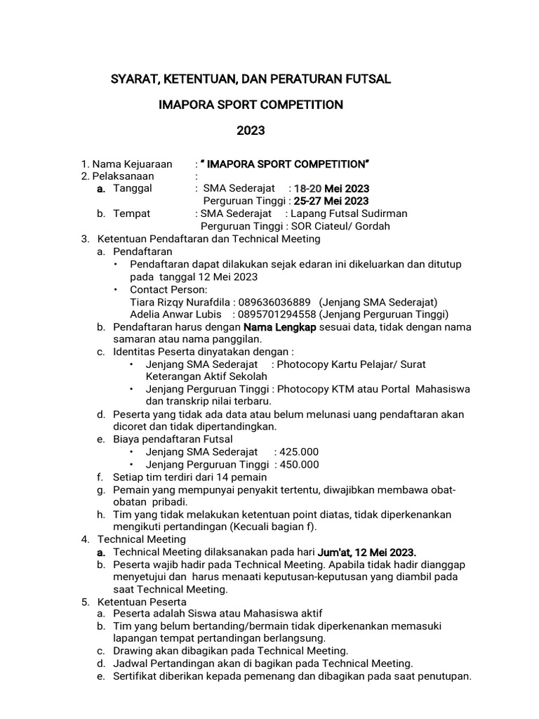 Syarat dan Ketentuan Futsal 2023 | PDF