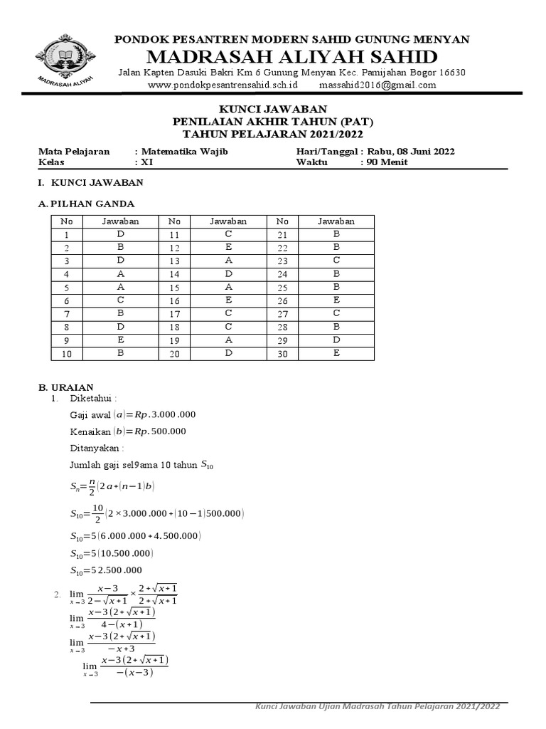 Format Kunci Jawaban XI MTK | PDF