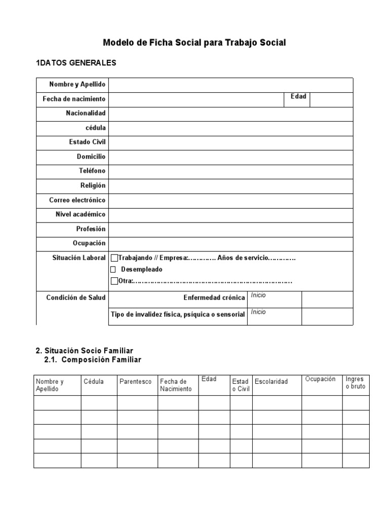 Modelo De Ficha Social En Trabajo Social Pdf