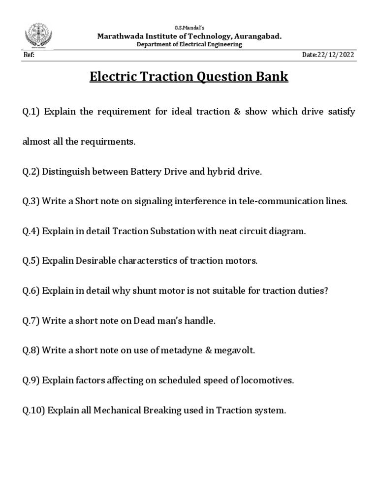 Electric Traction Question Bank Guide | PDF