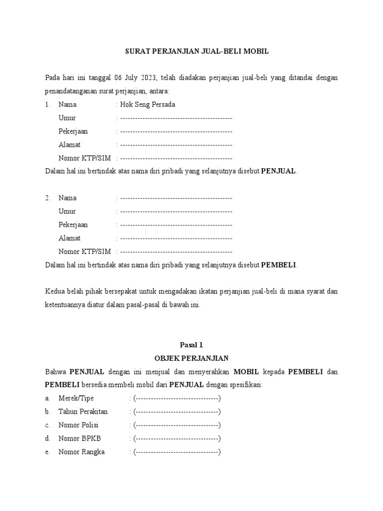 SURAT PERJANJIAN JUAL BELI MOBIL | PDF