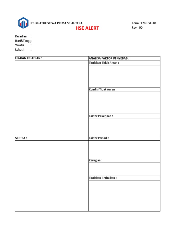 Formulir HSE Alert PT Khatulistiwa | PDF