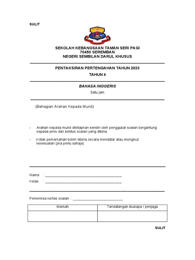 Contoh Muka Depan Dan Akhir Kertas Soalan Pentaksiran | PDF