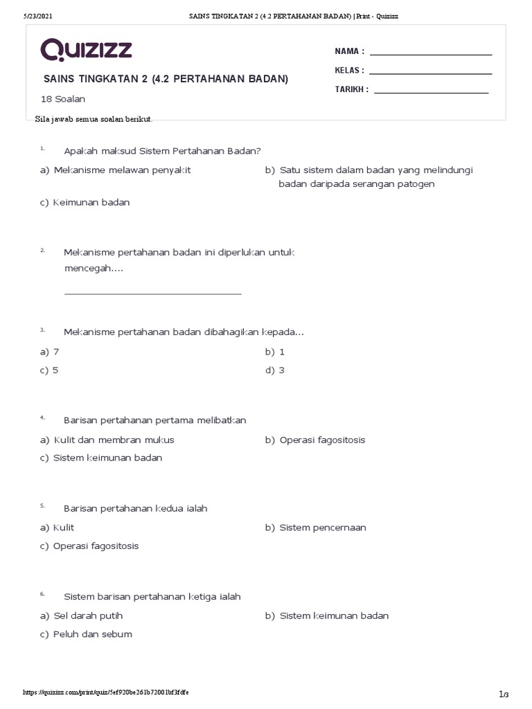 Latihan (4.2 PERTAHANAN BADAN) | PDF