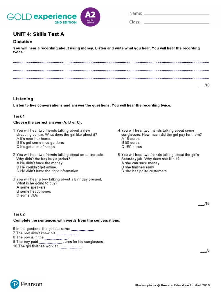 Gold Exp A2 U4 Skills Test A | PDF
