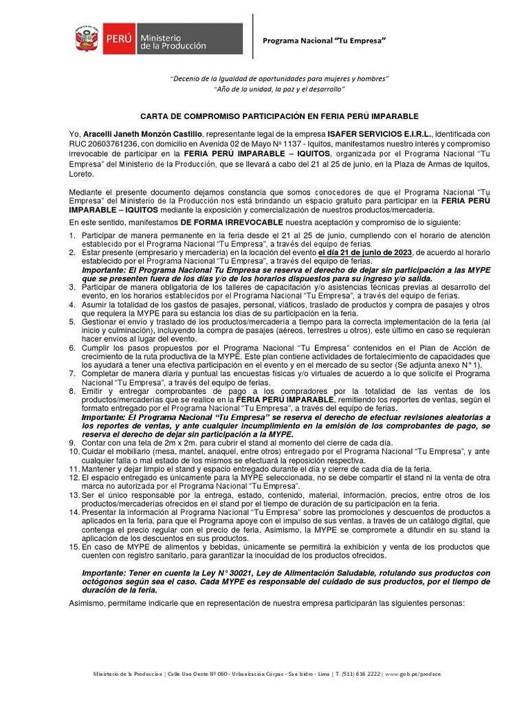 Carta Compromiso - Peru Imparable Iquitos | PDF | Business | Perú