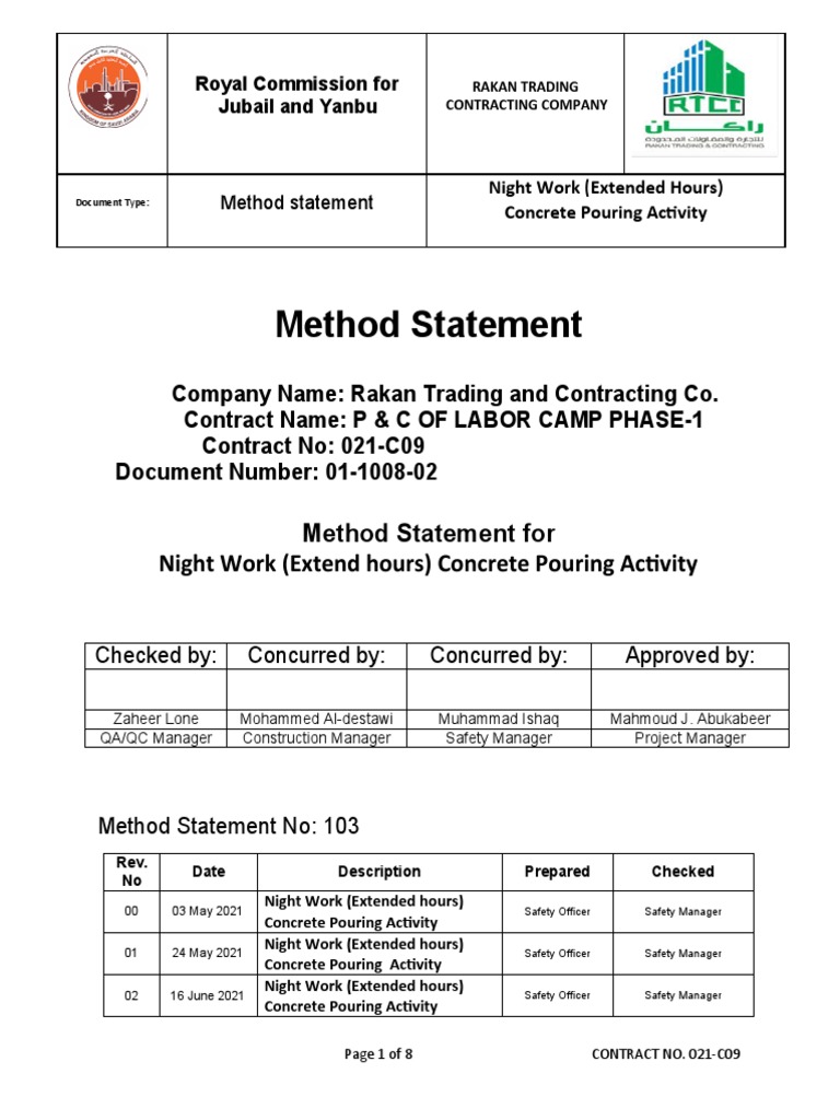 Method Statement For Night Work (Extended Hours) Concrete Pouring ...