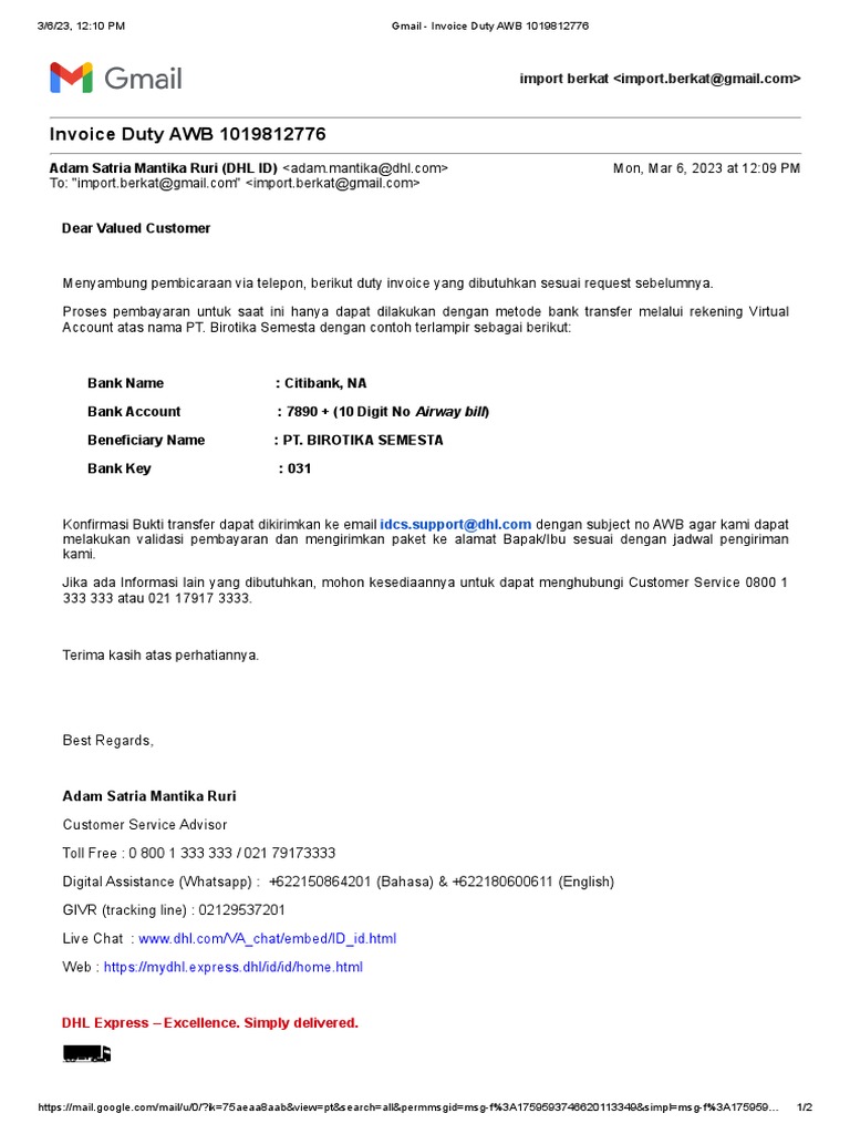 Gmail - Invoice Duty AWB 1019812776 | PDF