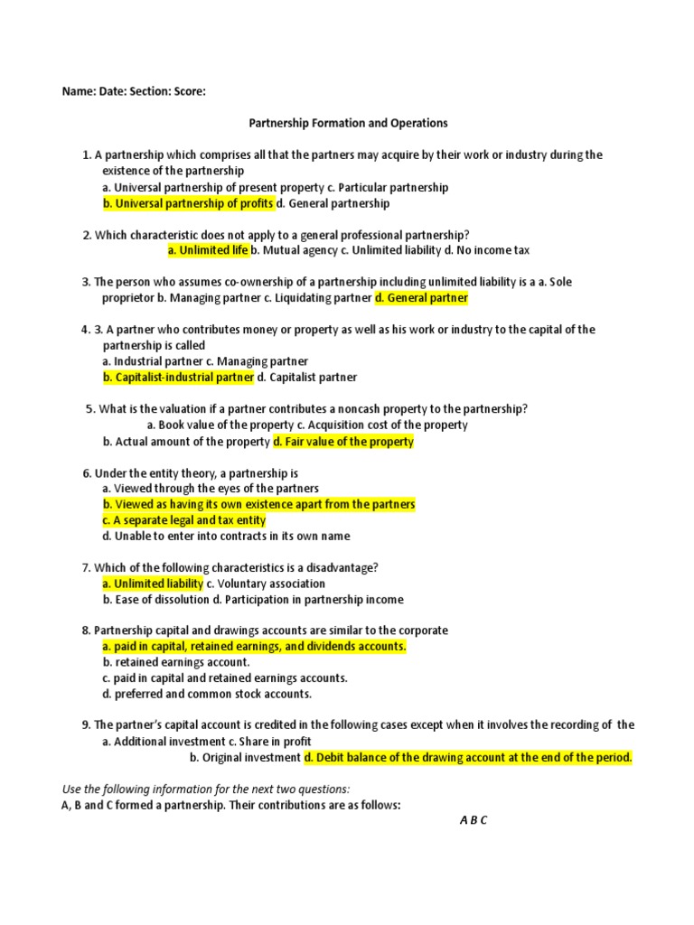 Quiz - Formation and Operations (Answers) | PDF | Partnership ...