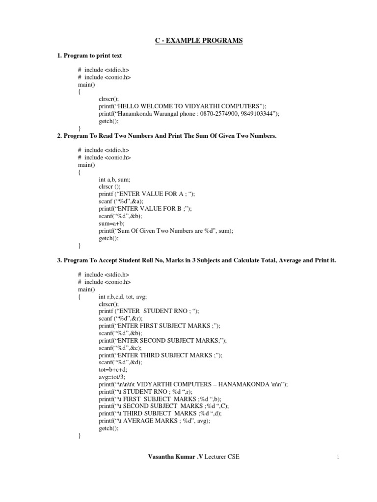 C Sample Programs Pdf String Computer Science Matrix Mathematics
