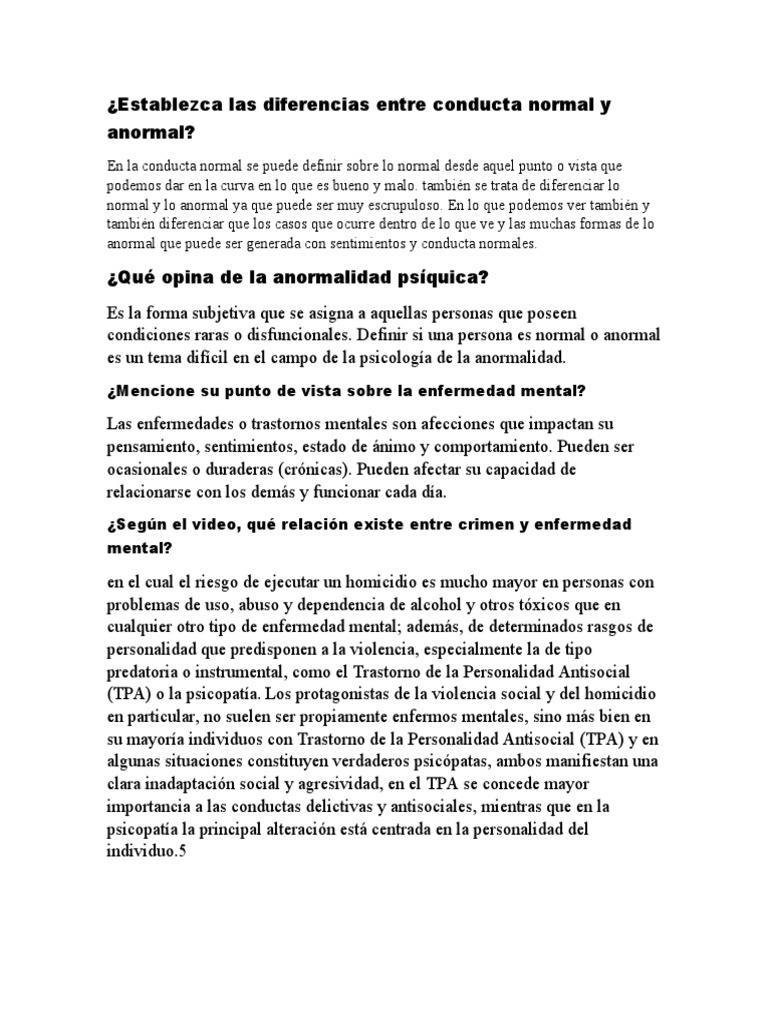 Establezca Las Diferencias Entre Conducta Normal y Anormal | PDF