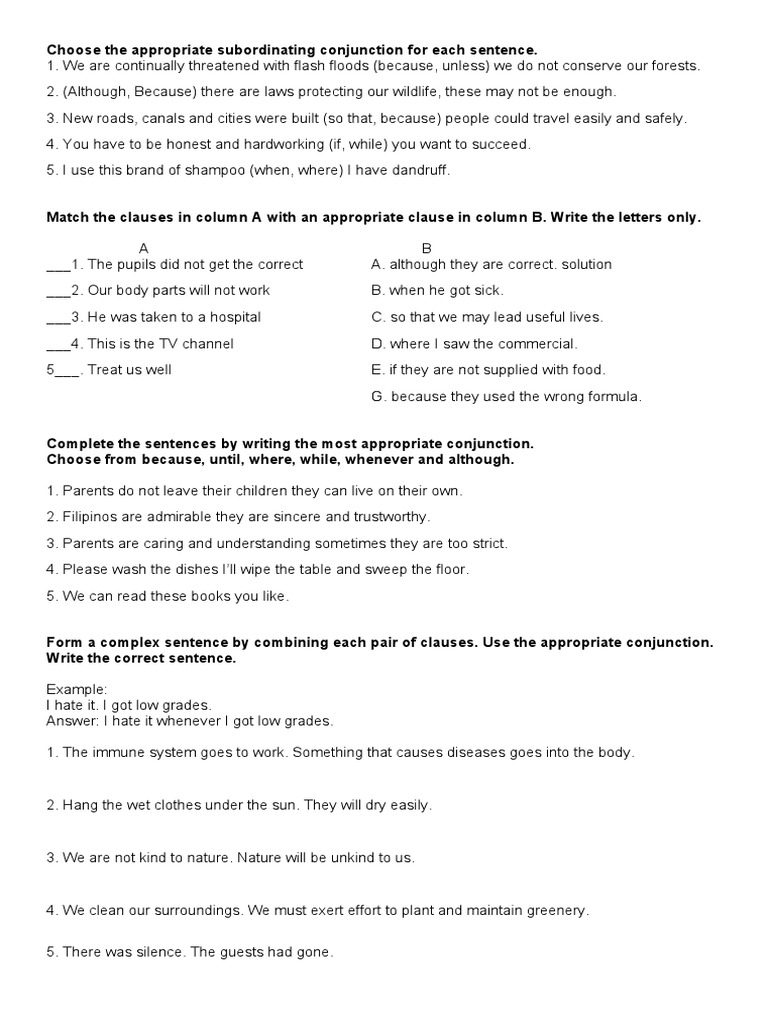 Quiz Grade 6 Subordinating Conjunctions Download Free Pdf Sentence