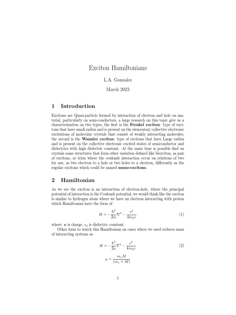 Exciton Hamiltonian | PDF | Atoms | Physics