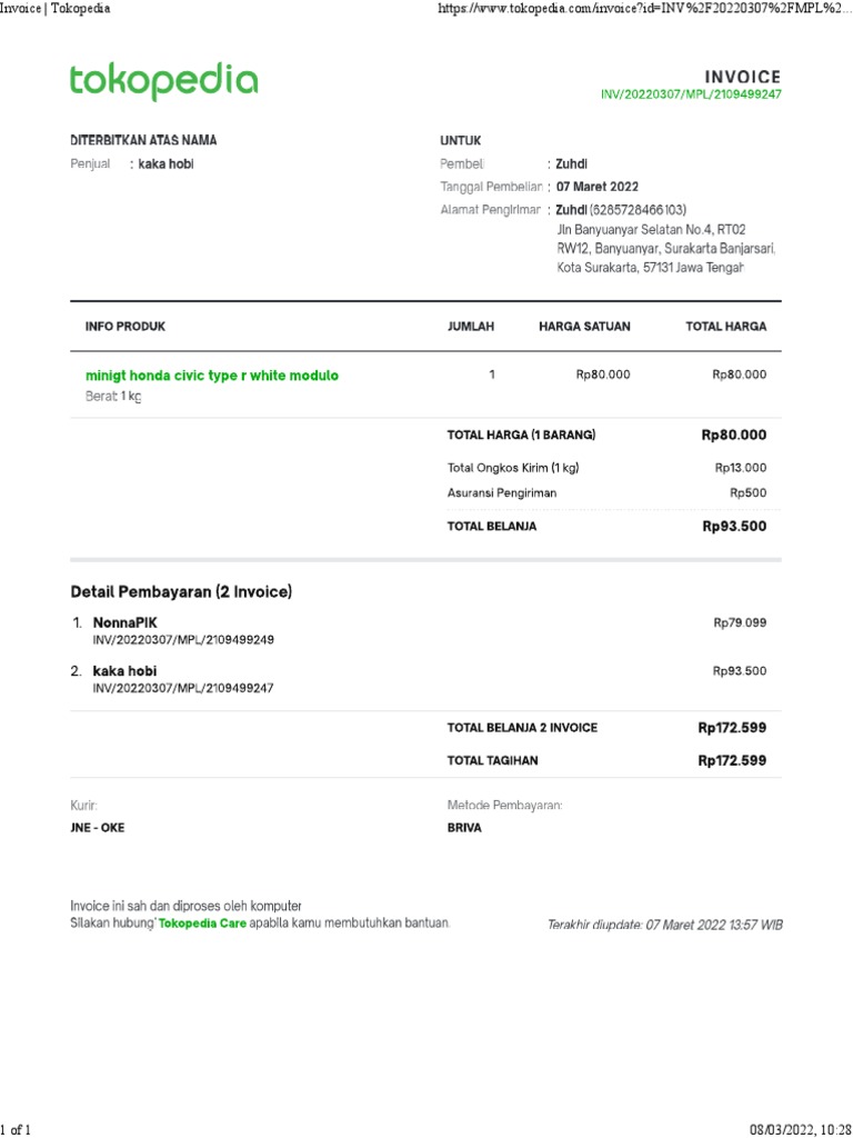Invoice _ Tokopedia_ Civic type R White Modulo | PDF