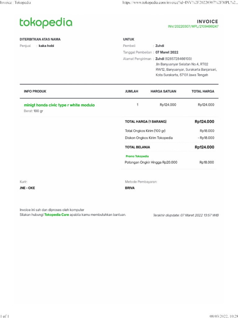 Invoice - Tokopedia - MiniGT Civic Type R White Modulo | PDF