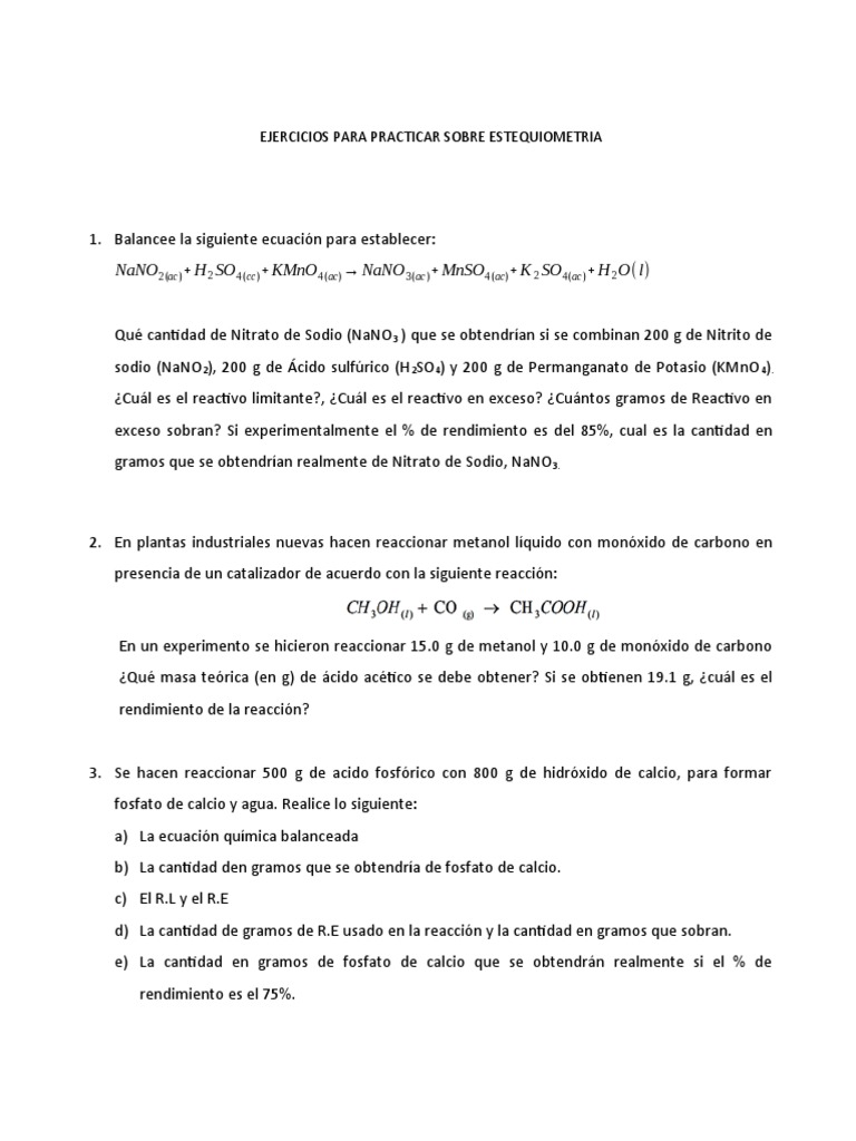 Ejercicios para Practicar Estequiometria | PDF