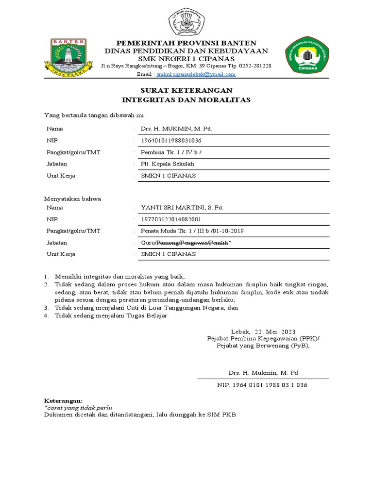 Surat Keterangan Integritas Dan Moralitas | PDF Surat Keterangan Integritas Dan Moralitas | PDF