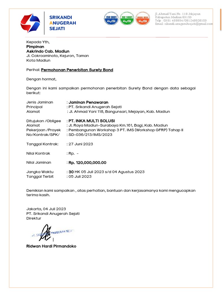 Permohonan Penerbitan Surety Bond | PDF