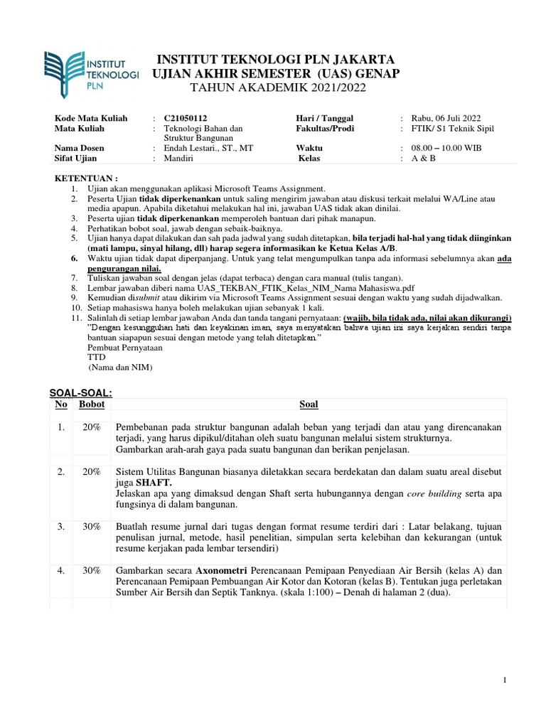 UAS Tekban - Genap - Juli - 2022 - A - B | PDF