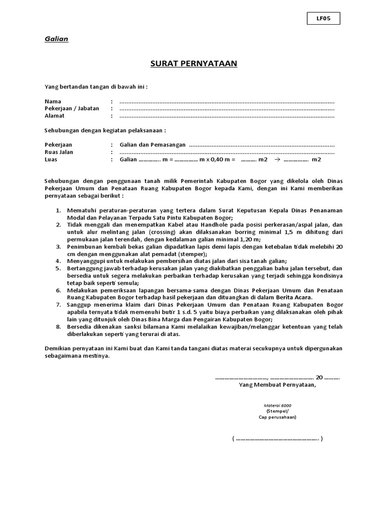 LF05 Surat Pernyataan Galian Rumija | PDF