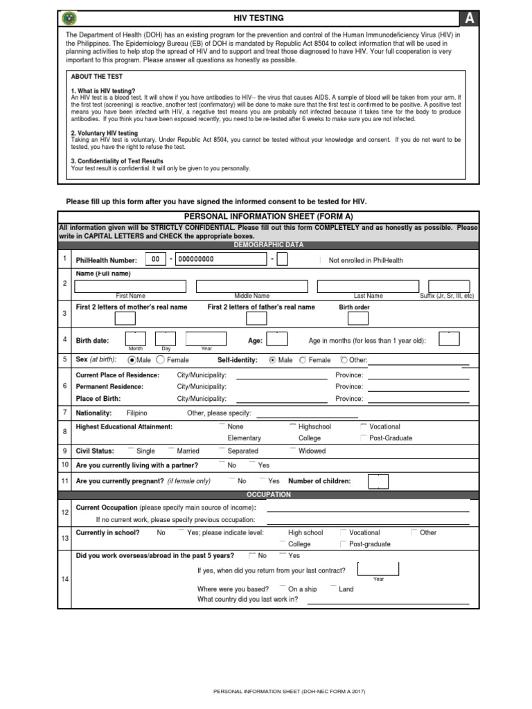 01 Hiv Personal Information Sheet Form | PDF | Diagnosis Of Hiv/Aids ...