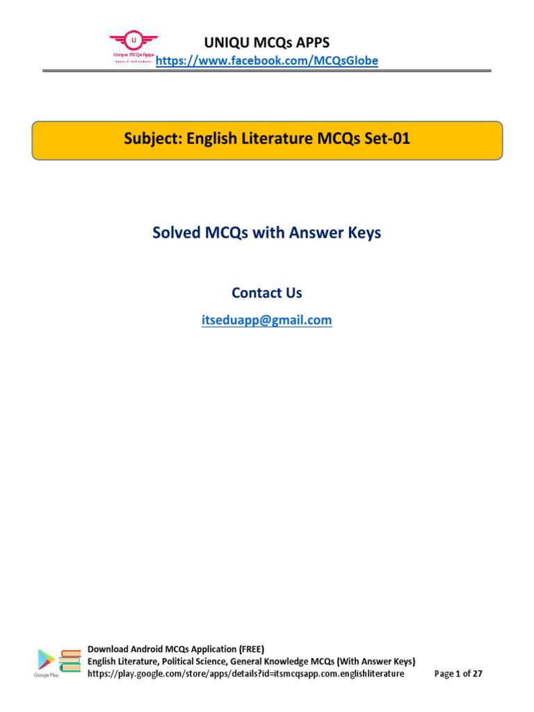 01-English Literature MCQs Set-01 | PDF | Uncle Tom's Cabin | Harriet Beecher Stowe