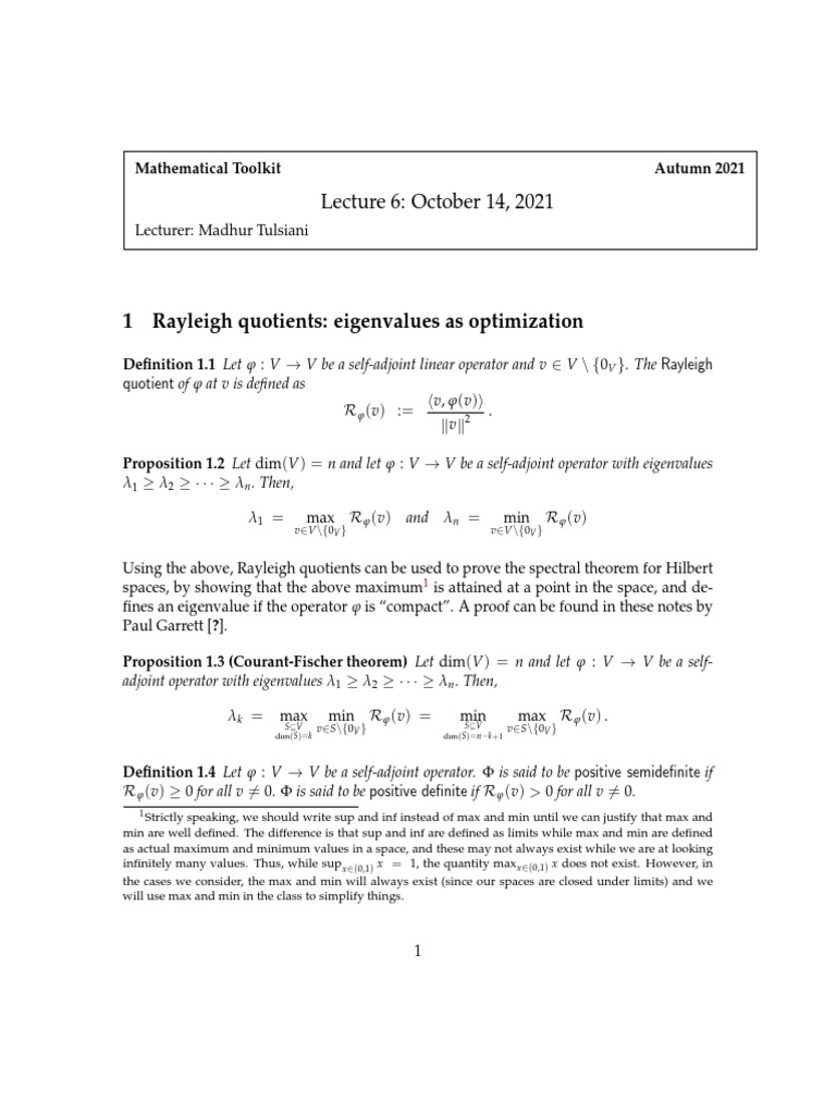 1 Rayleigh Quotients: Eigenvalues As Optimization: Lecture 6: October 14, 2021 | PDF ...