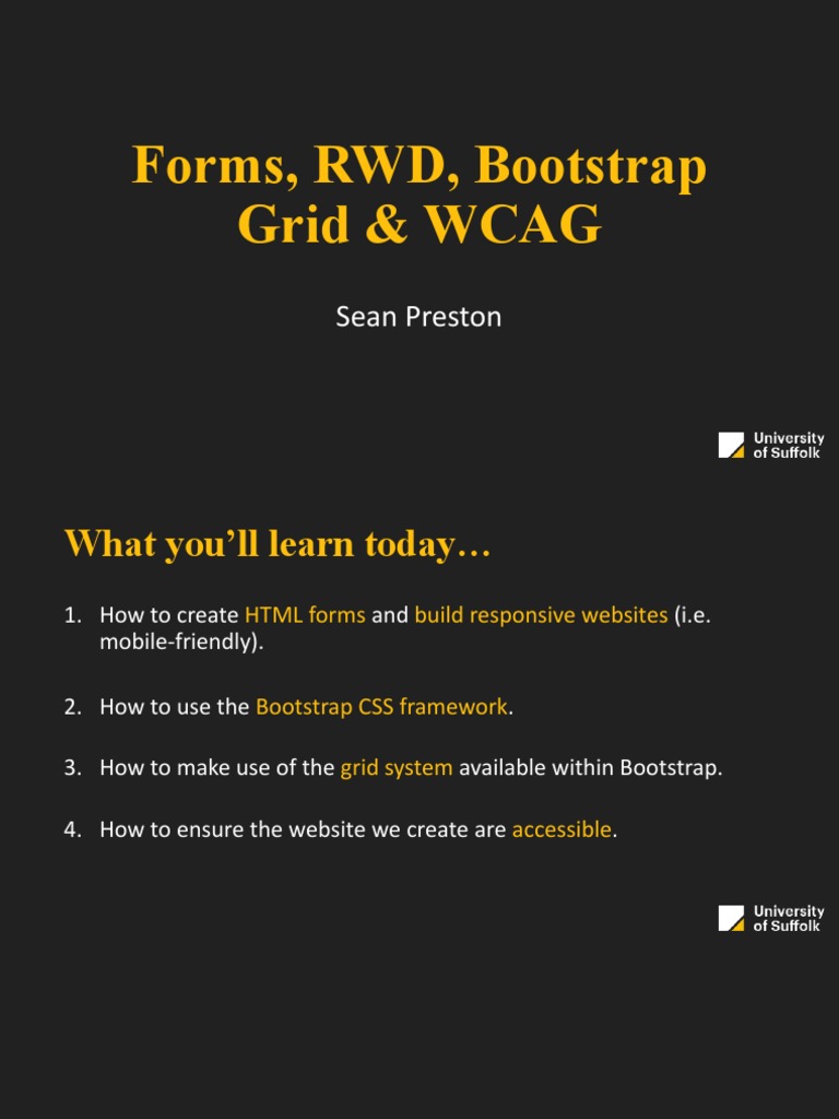 Week 3 - Forms, RWD, Bootstrap Grid & WCAG | PDF | Bootstrap (Front End Framework) | Html