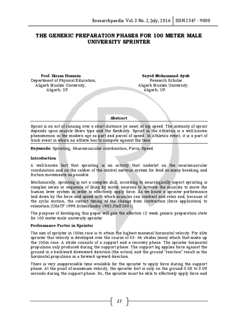 THE GENERIC PREPARATION PHASES FOR 100M | PDF | Acceleration | Skeletal ...