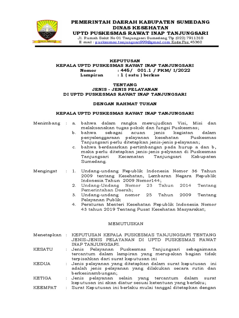 SK Jenis-Jenis Pelayanan PKM Tanjungsari 2022 | PDF | Pengembangan Diri