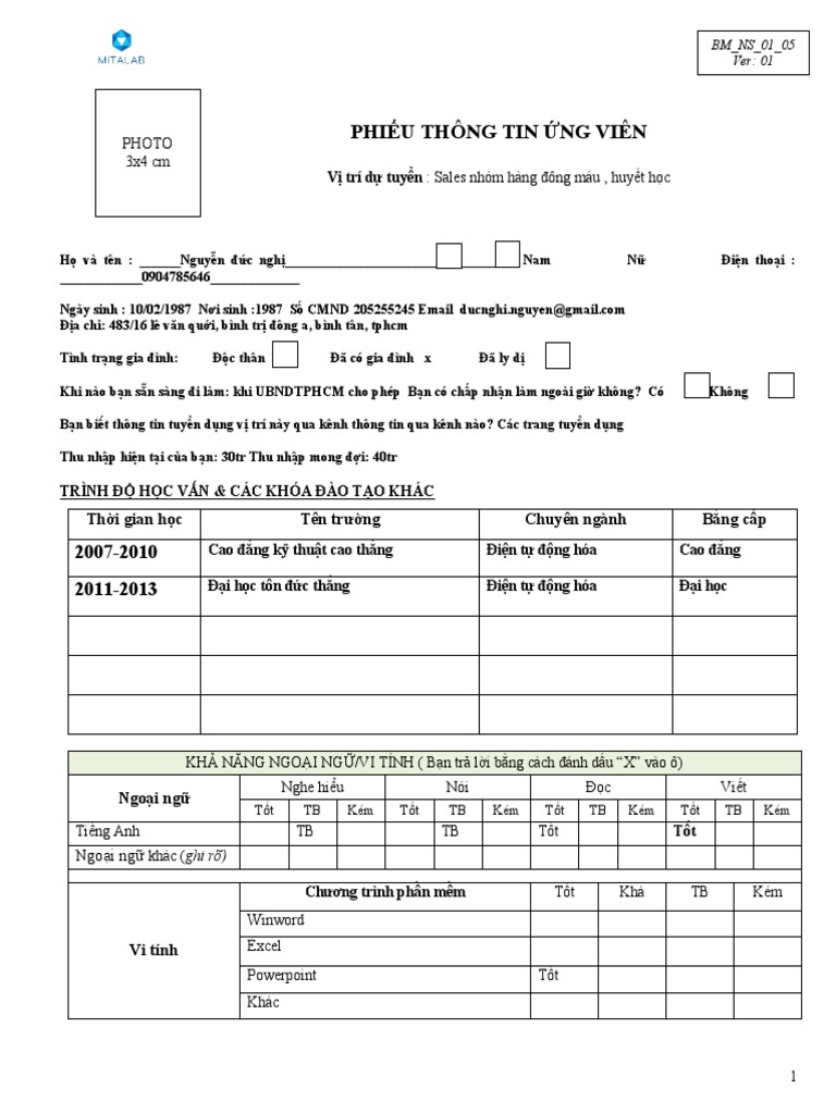 Phieu Thong Tin Ung Vien | PDF