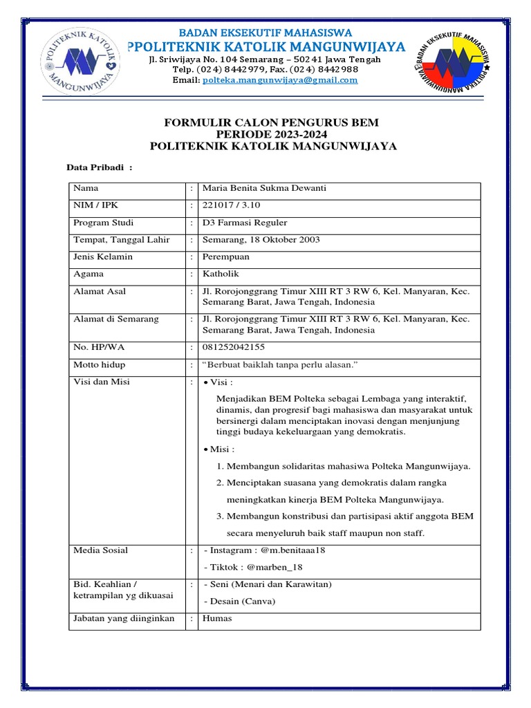 Form Calon Pengurus BEM Polteka 2023-2024 (Benita + TTD) | PDF